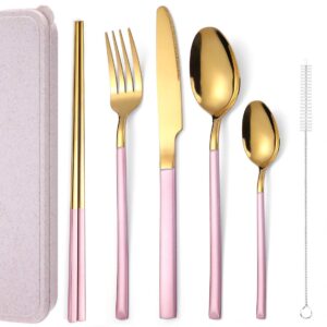 AARAINBOW 7 Pieces Stainless Steel Flatware Set Portable Reusable Cutlery Set Travel Utensils Set Including Chopsticks Knife Fork Spoon Straws Cleaning Brush Dishwasher Safe (Pink Golden)