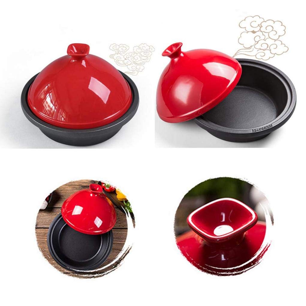 MYYINGBIN 30Cm Tagine Pot with Enameled Cast Iron Base Cone-Shaped Lid and Anti-Hot Silicone Gloves Housewarming Gift, Red