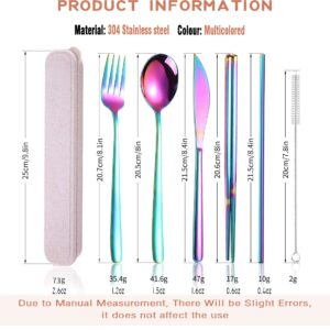 AARAINBOW 6 Pieces 18/8 Stainless Steel Flatware Set Portable Reusable Cutlery Set Travel Utensils Set Including Chopsticks Knife Fork Spoon Straws Cleaning Brush Dishwasher Safe (Multicolored)