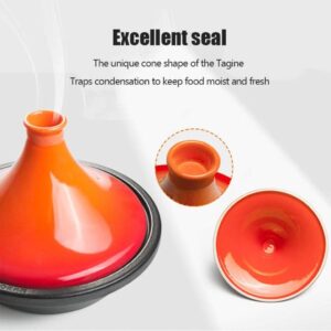 MYYINGBIN Moroccan Tagine Enameled Cast Iron Pot with Ceramic Lid Anti-Hot Silicone Gloves, Lead Free stew Pot Cookware, Orange