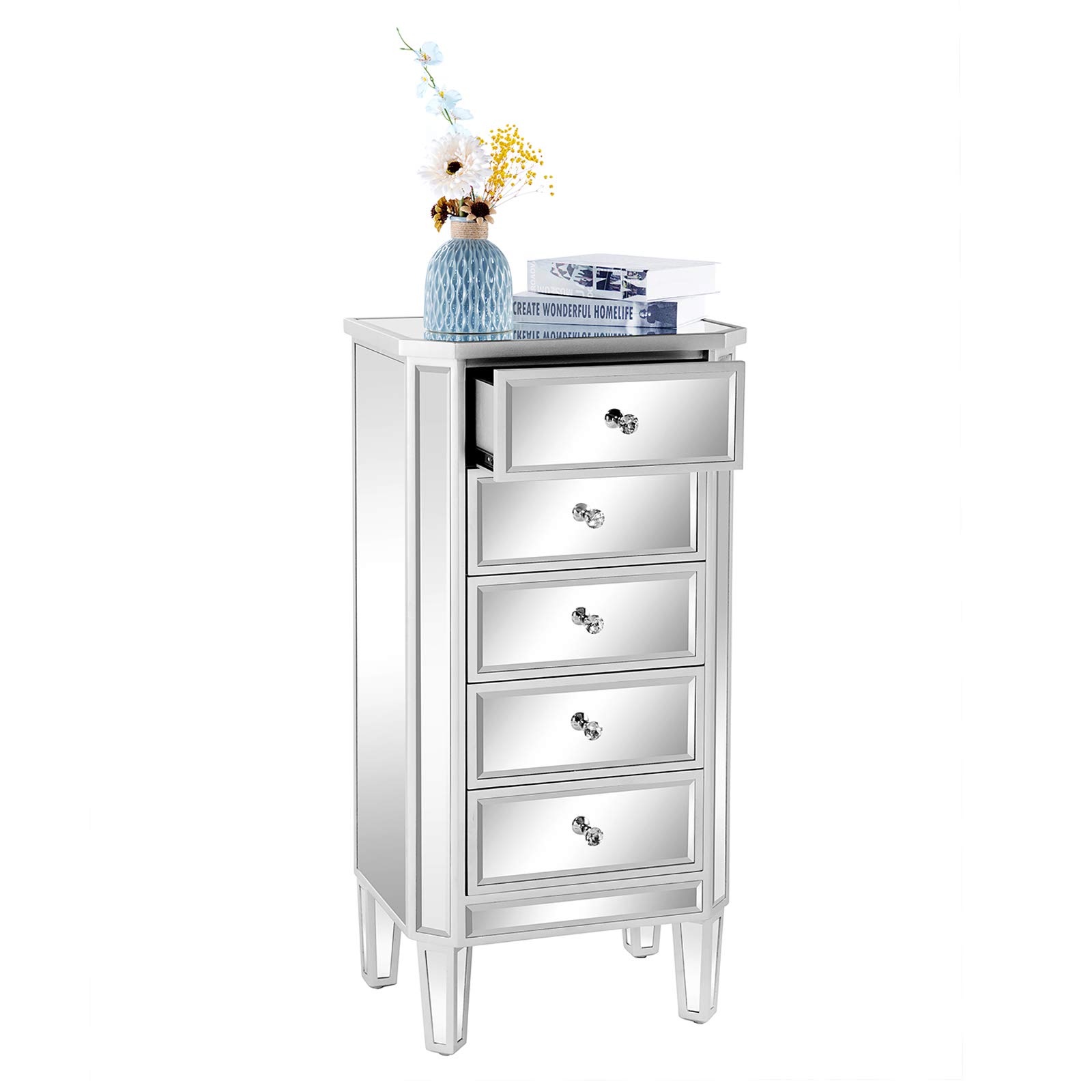 VINGLI VNGLI Mirrored Dresser 5 Drawers Modern Chest, Mirrored Chest of Drawers, Glass Dresser for Bedroom, Dressing Room, Living Room, Silver