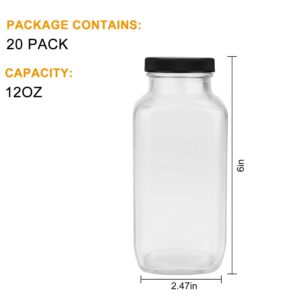 Encheng Beverages Drinking Bottles 12oz,Glass Water Botttles with Lids,Octagonal Vintage 350ml,Juice Bottles for Storage Tea,Kombucha,Milk Bottles Smoothies Bottles 20Pack