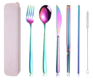 aarainbow 6 pieces 18/8 stainless steel flatware set portable reusable cutlery set travel utensils set including chopsticks knife fork spoon straws cleaning brush dishwasher safe (multicolored)