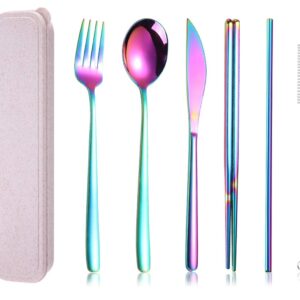 AARAINBOW 6 Pieces 18/8 Stainless Steel Flatware Set Portable Reusable Cutlery Set Travel Utensils Set Including Chopsticks Knife Fork Spoon Straws Cleaning Brush Dishwasher Safe (Multicolored)