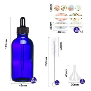 STARSIDE 6 Pack 120 ml 4 oz Amber Glass Bottles with Glass Droppers and Black cap.Glass Dropper Bottles for Essential Oils,Lab Chemicals,Colognes,Perfumes.Included 1 Brush,2 Funnels and 12 Labels.