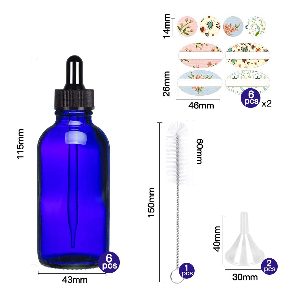 STARSIDE 6 Pack 120 ml 4 oz Amber Glass Bottles with Glass Droppers and Black cap.Glass Dropper Bottles for Essential Oils,Lab Chemicals,Colognes,Perfumes.Included 1 Brush,2 Funnels and 12 Labels.