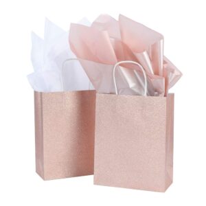 uniqooo 12 pack rose gold glitter gift bags w/ 12 rose gold 12 white tissue wrapping paper | kraft paper favor bag for wedding bridal shower baby shower valentine's day holiday anniversary party