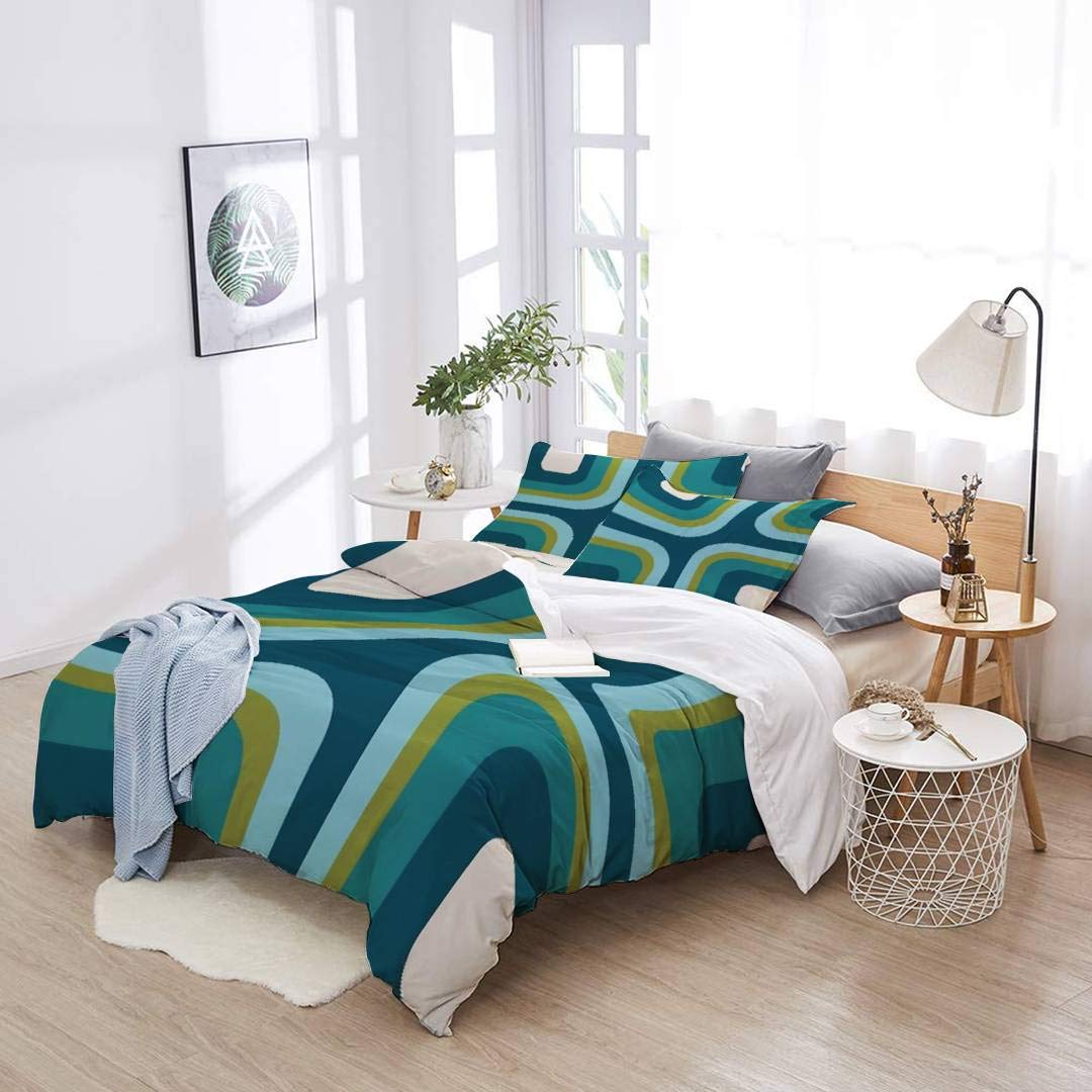 COOKAE Duvet Cover Mid Century Pattern 3 Bedding Set Modern Style Print Set with Zipper Closure 3 Pcs Comfortable Home Soft Luxurious Bohemia Queen Size