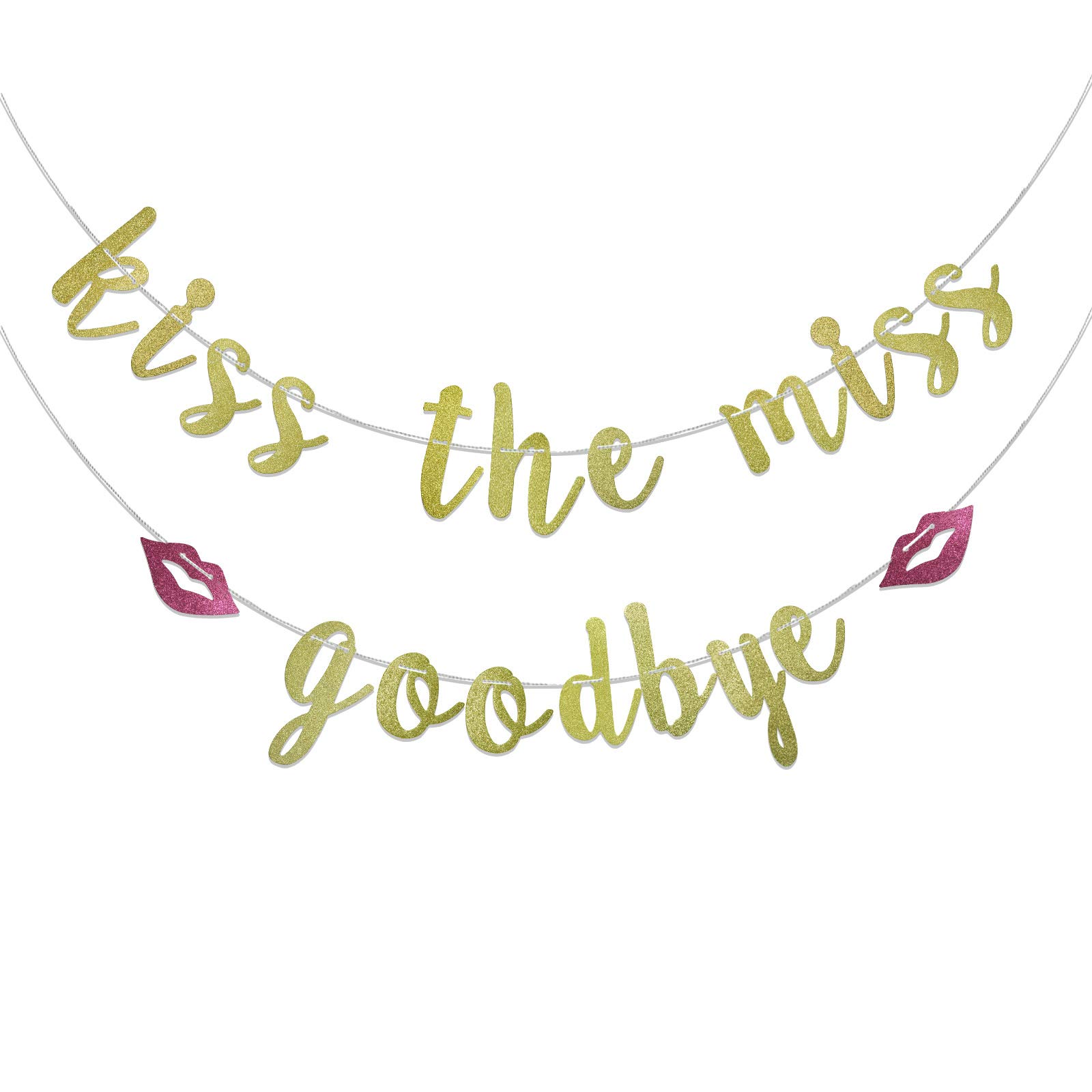 Kiss The Miss Goodbye Banner for Bachelorette Party Decorarion, Wedding, Bridal Shower, Engagement, Bride to Be Party Supplies, Lips Sign (Gold Glitter)