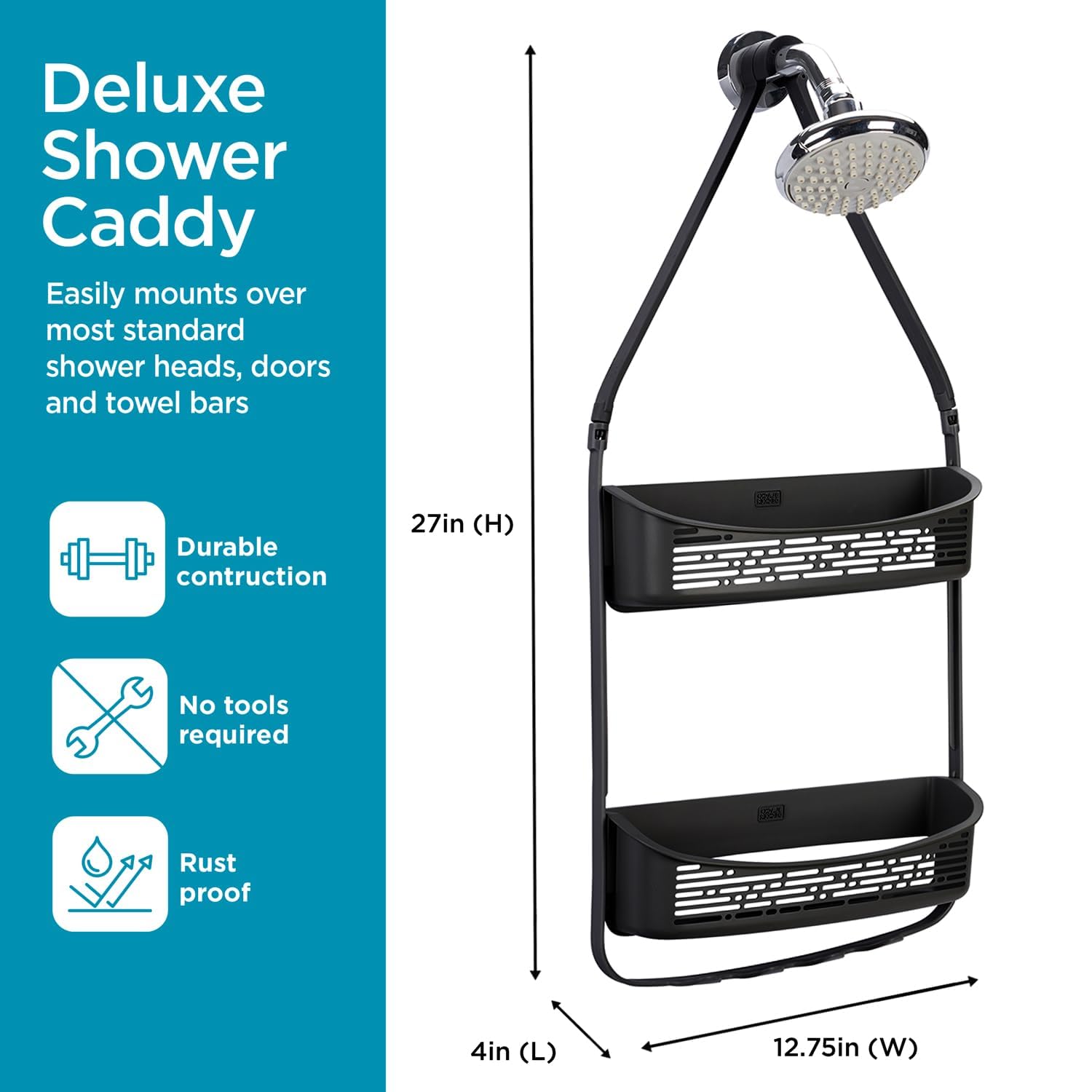 BLACK+DECKER 2-Way Convertible Hanging Anti-Swing Shower Caddy, 2 Way Adjustable Arm, Over The Door, Loofah & Razor Hooks, Storage & Organization, Large and Small Bottles and More, Black