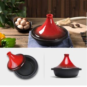 MYYINGBIN Moroccan Tagine Enameled Cast Iron Pot with Ceramic Lid Anti-Hot Silicone Gloves, Lead Free stew Pot Cookware, Red