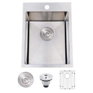 shaco 15x20 inch drop in bar sink, small kitchen sink for rv, 16 gauge 304 stainless steel topmount single bowl handmade wet prep sink for yard office utility laundry with sink grid & drain