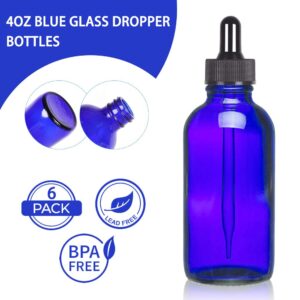 STARSIDE 6 Pack 120 ml 4 oz Amber Glass Bottles with Glass Droppers and Black cap.Glass Dropper Bottles for Essential Oils,Lab Chemicals,Colognes,Perfumes.Included 1 Brush,2 Funnels and 12 Labels.