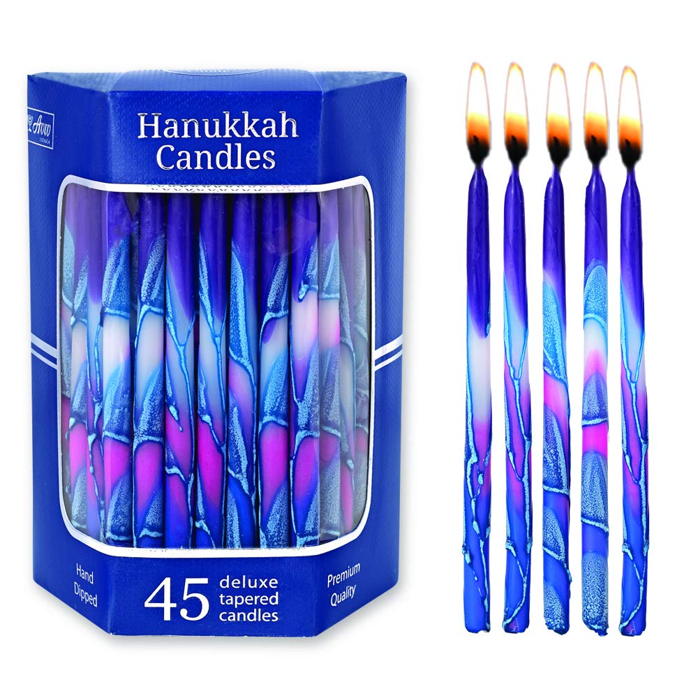 Premium Dripless Hanukkah Candles Thin Tapered Chanukah Candle Set of 45 Enough for Eight Nights of Hanukah Multi Hued Frosted Includes a DIY Dreidel and Prayer Card by Aviv Judaica