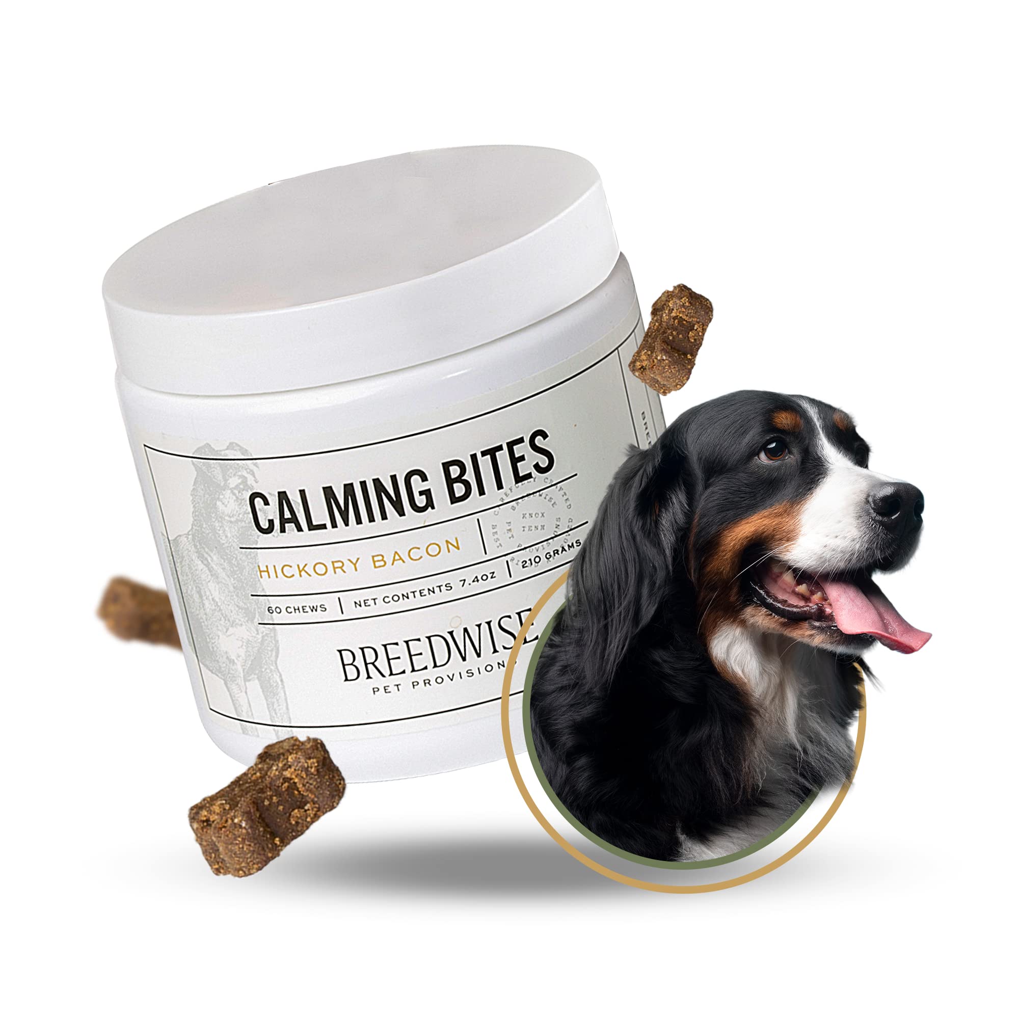 Breedwise Calming Bites All Natural Holistic Anxiety and Stress Reducing Hickory Bacon Flavored Dog Treats, 60 Count Jar