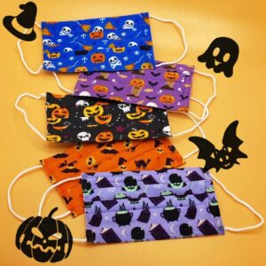 sipa 50 pcs kids disposable face masks,trick-or-treat skull pumpkin bat print fabric protection with elastic earloops 3 layer protection for kids daily use breathable & comfortable