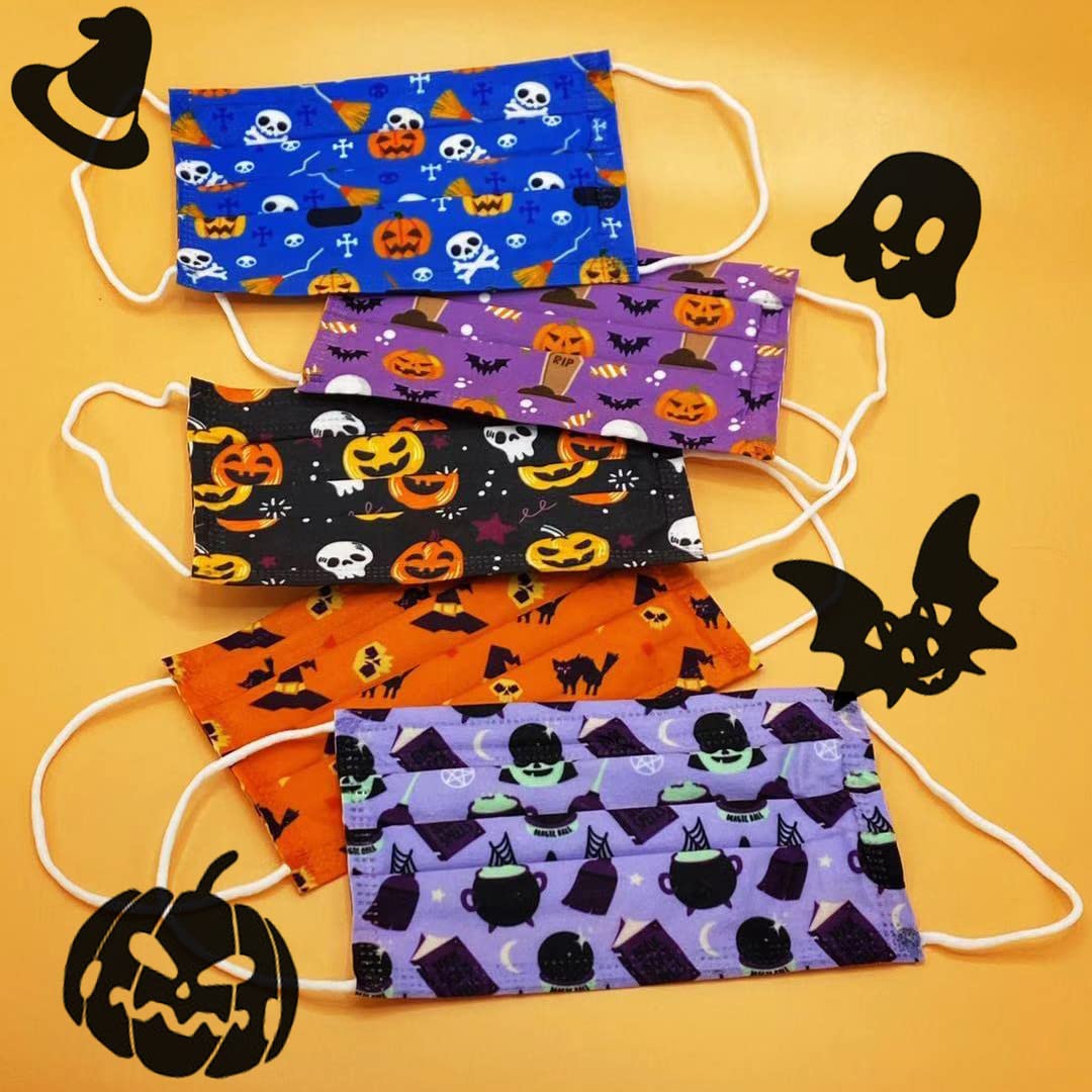 SIPA 50 PCS Kids Disposable Face Masks,Trick-or-treat Skull Pumpkin Bat Print Fabric Protection with Elastic Earloops 3 layer protection for kids Daily Use Breathable & Comfortable