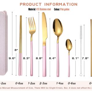 AARAINBOW 7 Pieces Stainless Steel Flatware Set Portable Reusable Cutlery Set Travel Utensils Set Including Chopsticks Knife Fork Spoon Straws Cleaning Brush Dishwasher Safe (Pink Golden)