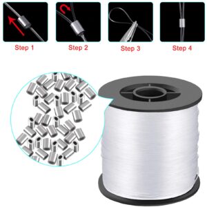 Clear Invisible Hanging Wire 0.9mm Up to 60lbs,656Feet(200M) Strong Nylon Thread for Beading Sewing Ornaments with 60Pcs Aluminum Crimping Sleeves,Hanging Kit for Picture Frame,String Light Hanging