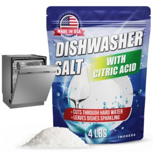 impresa dishwasher salt water softener - 5 lbs - protects from hard water residue and limescale - compatible with bosche, miele, thermador, whirlpool, and more - 100% pure coarse grain salt