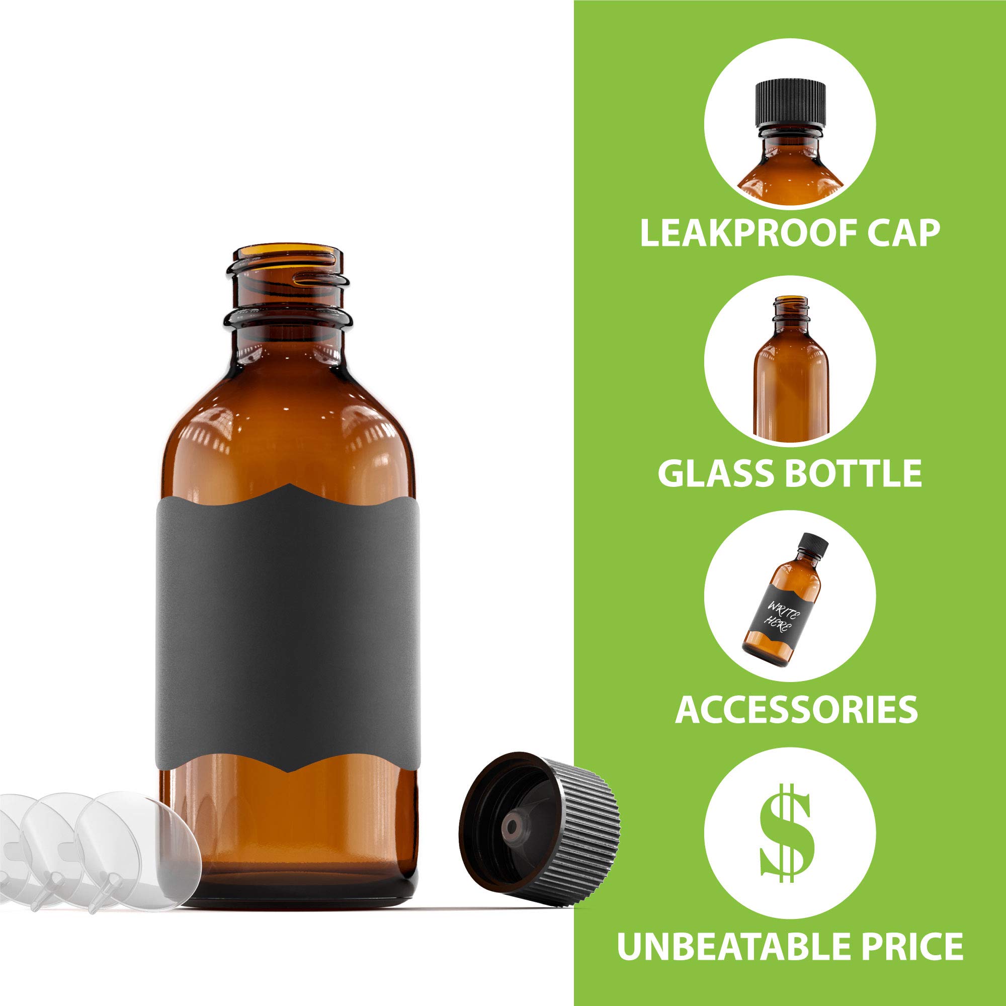 VINEVIDA 2 oz Amber Glass Bottles - 12 Pack Amber Boston Glass Bottles With Poly Cap and Accessories - Chalk Labels, Funnels - Empty Tincture Bottles for Essential Oils, Lab Chemicals, and Perfumes