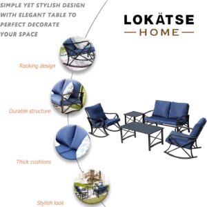 LOKATSE HOME 5 Pieces Patio Conversation Set Outdoor Metal Furniture Padded Deep Seating with Loveseat, 2 Rocking Chairs and 2 Coffee Table, Blue