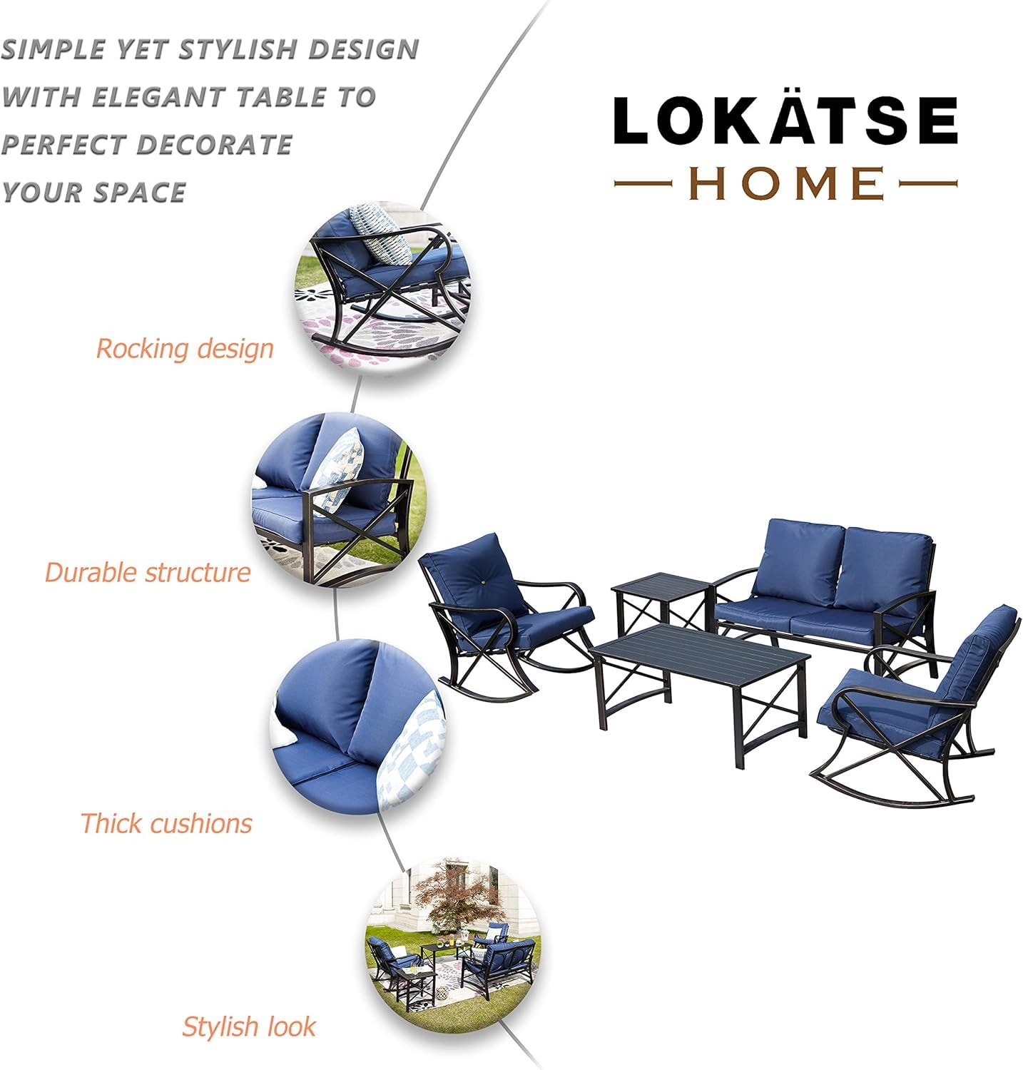 LOKATSE HOME 5 Pieces Patio Conversation Set Outdoor Metal Furniture Padded Deep Seating with Loveseat, 2 Rocking Chairs and 2 Coffee Table, Blue