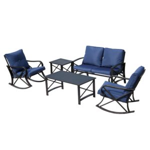 lokatse home 5 pieces patio conversation set outdoor metal furniture padded deep seating with loveseat, 2 rocking chairs and 2 coffee table, blue