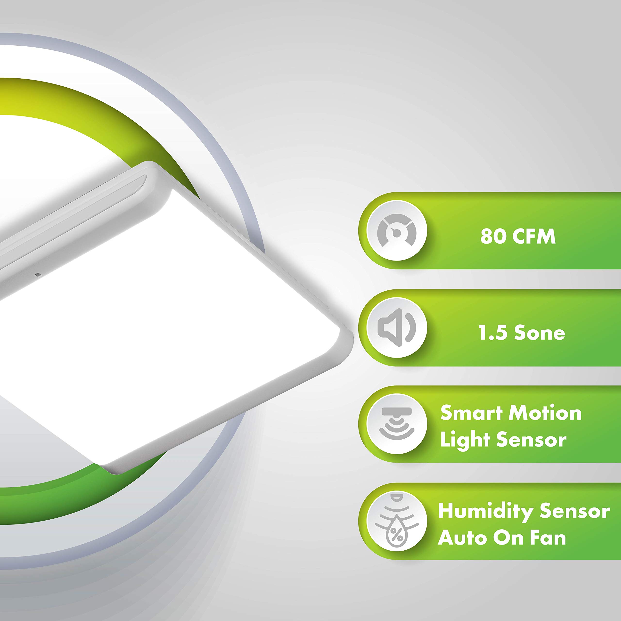 Homewerks 7146-80-MS Bathroom Fan Integrated Dimmable LED Light Humidity Sensor Exhaust Ventilation 1.5 Sones 80 CFM, Smart Motion White