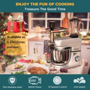 COOKLEE 6-IN-1 Stand Mixer, 8.5 Qt. Multifunctional Electric Kitchen Mixer with Beater, Whisk, Dough Hook, Meat Grinder and Other Accessories for Most Home Cooks, SM-1507BM, Silvery