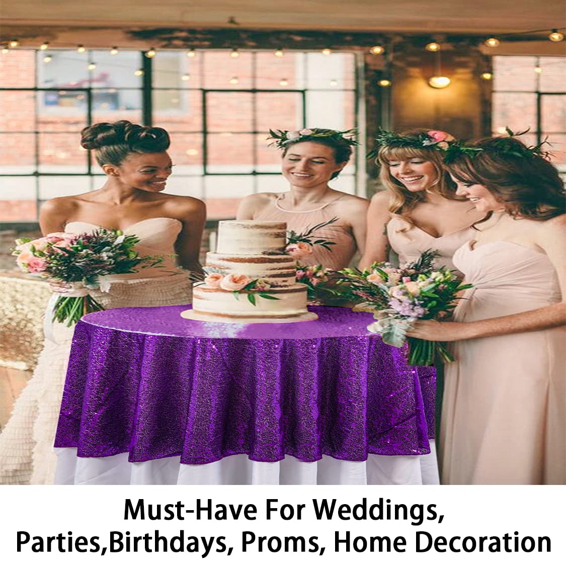 ShinyBeauty Sequin Tablecloth Round 70 Inch Purple Glitter Table Cover Overlay for Wedding Banquet Baby Bridal Shower (70'', Purple)