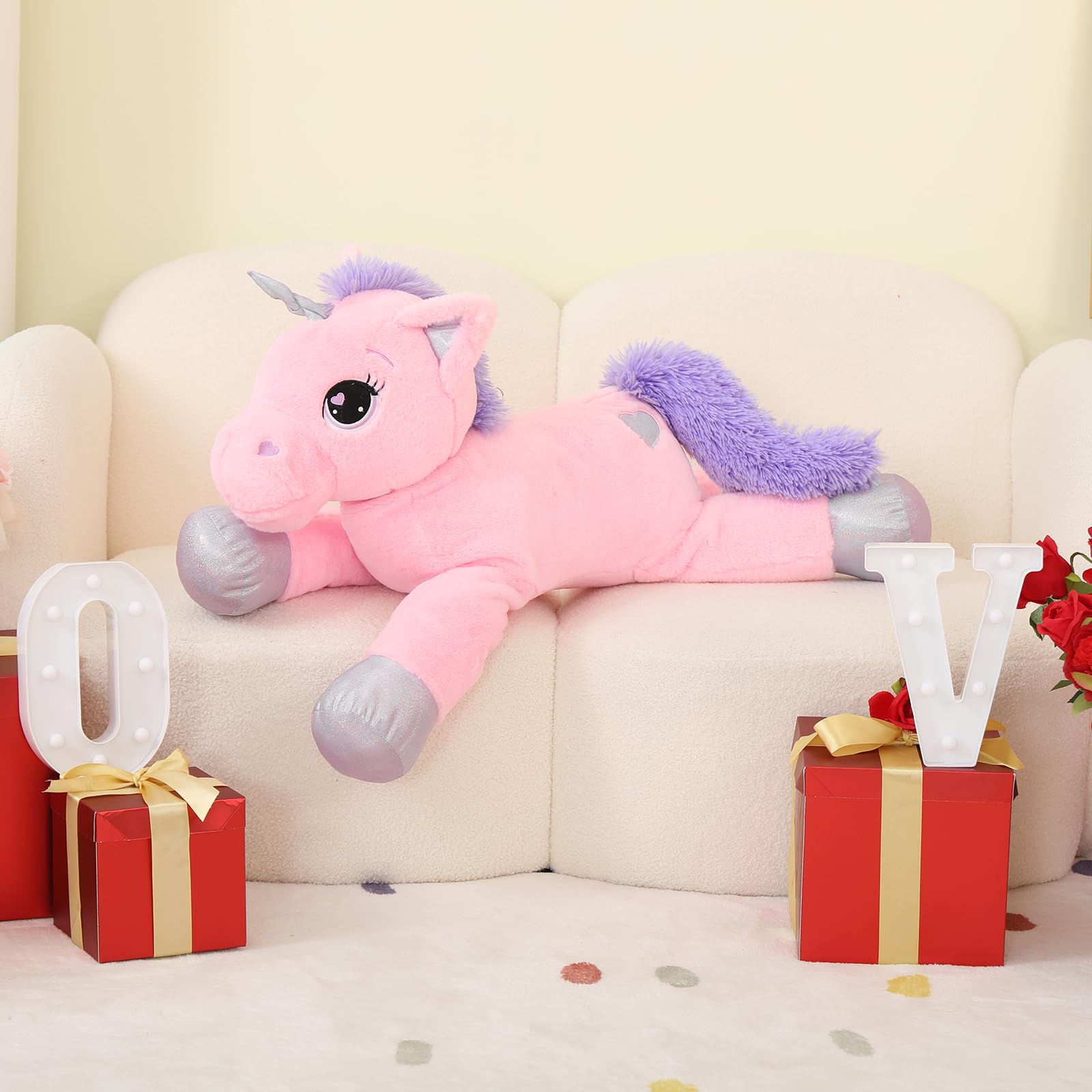 Lanmore 24" Big Unicorn Stuffed Animal, Giant Animal Plush Pillow Unicorn Body Hugging Pillow for Girls, Gift for Christmas Birthday Valentine's Day