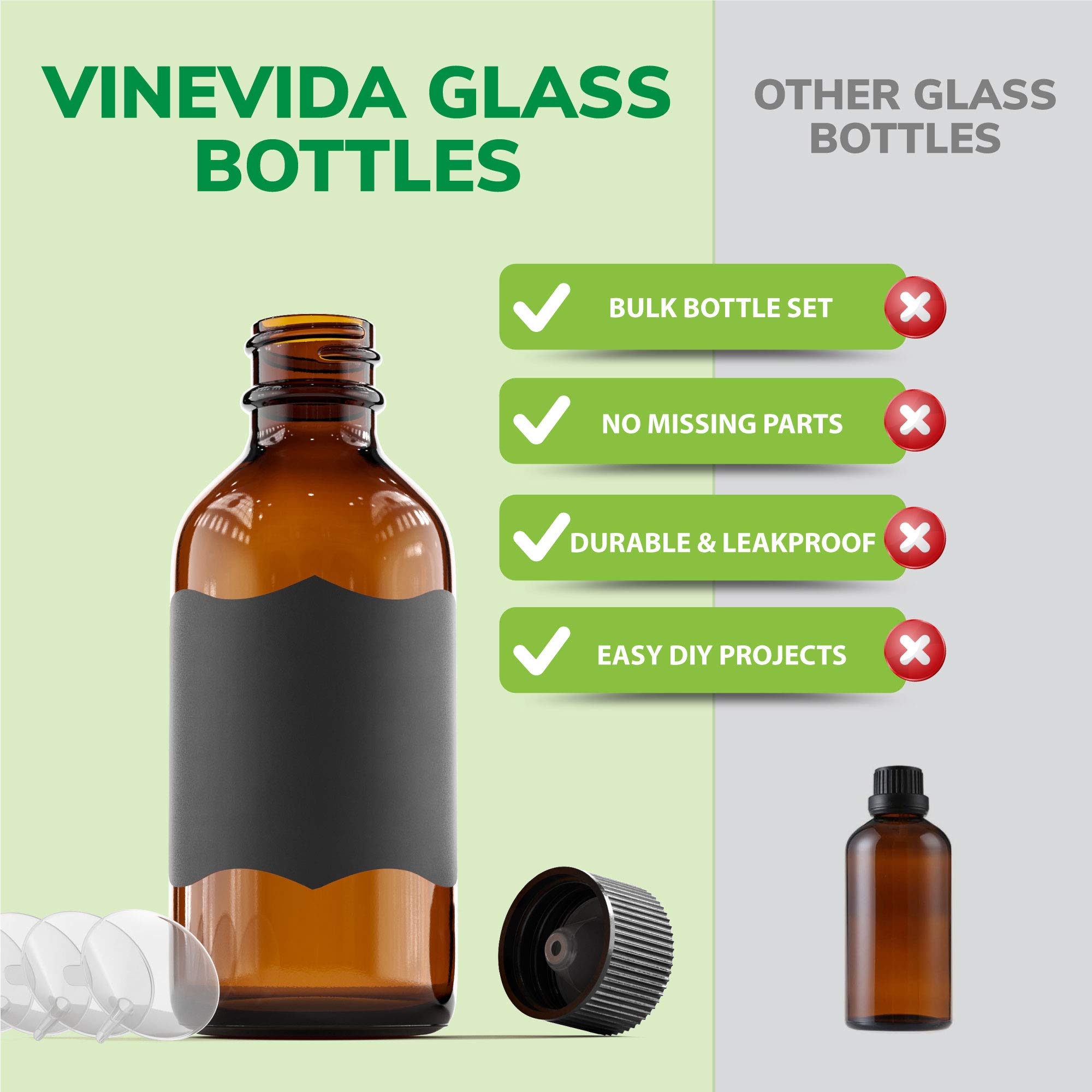 VINEVIDA 2 oz Amber Glass Bottles - 12 Pack Amber Boston Glass Bottles With Poly Cap and Accessories - Chalk Labels, Funnels - Empty Tincture Bottles for Essential Oils, Lab Chemicals, and Perfumes