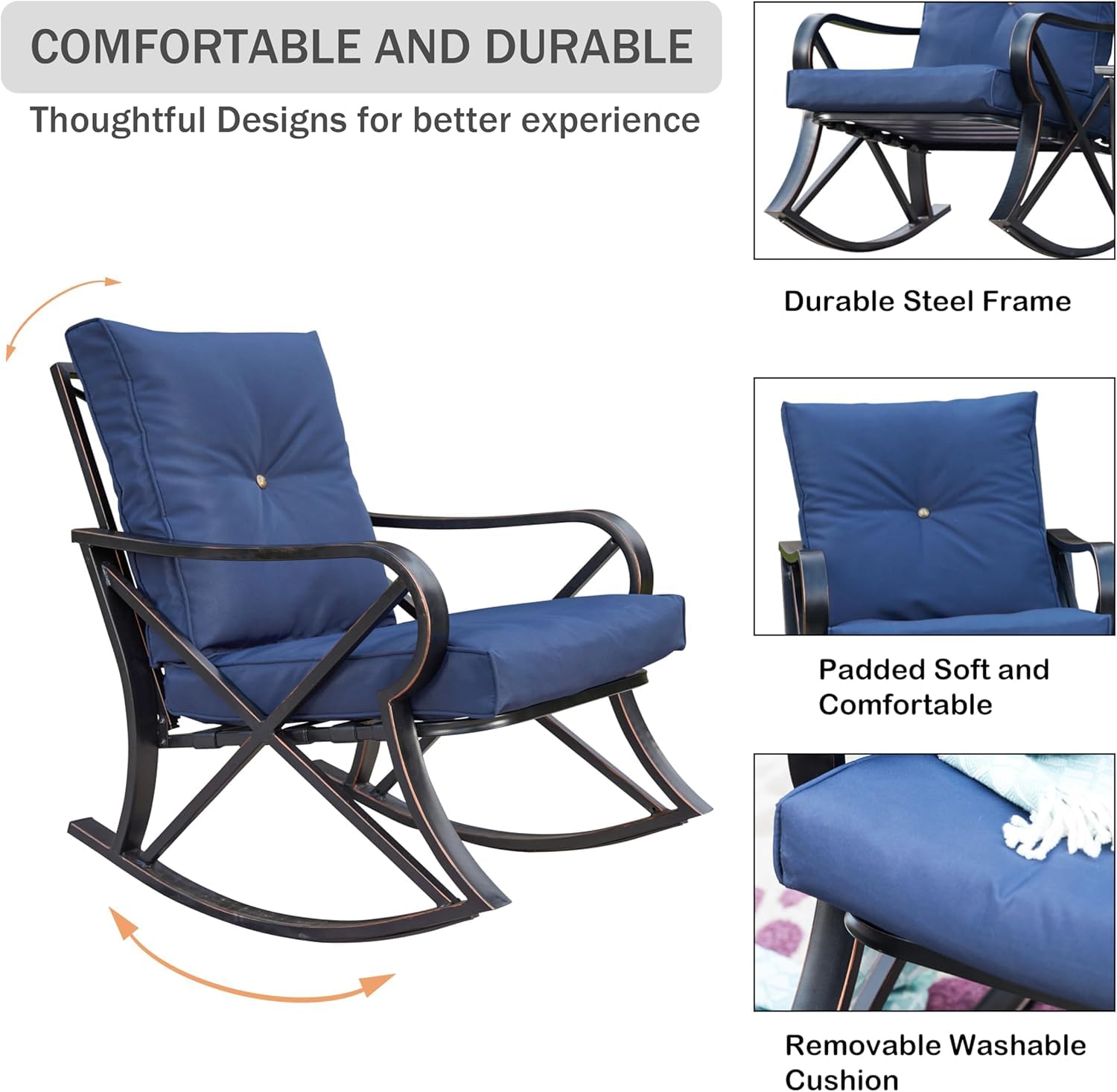 LOKATSE HOME 5 Pieces Patio Conversation Set Outdoor Metal Furniture Padded Deep Seating with Loveseat, 2 Rocking Chairs and 2 Coffee Table, Blue