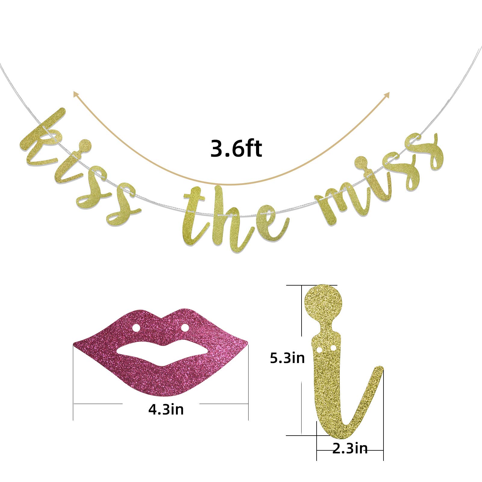 Kiss The Miss Goodbye Banner for Bachelorette Party Decorarion, Wedding, Bridal Shower, Engagement, Bride to Be Party Supplies, Lips Sign (Gold Glitter)