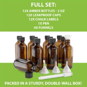 VINEVIDA 2 oz Amber Glass Bottles - 12 Pack Amber Boston Glass Bottles With Poly Cap and Accessories - Chalk Labels, Funnels - Empty Tincture Bottles for Essential Oils, Lab Chemicals, and Perfumes