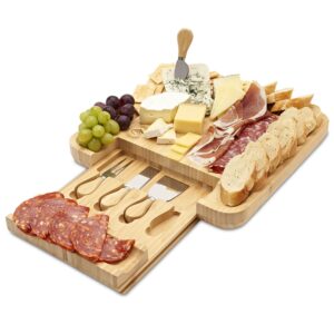 premium bamboo cheese board and knife set - charcuterie board with knives - deep grooves & hidden drawer for stainless steel cutlery - wine cheese board set - an elegant gift idea