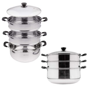 3 tier stainless steel steamer pot for cooking with stackable pan insert, food steamer, vegetable steamer cooker, steamer cookware pot/saucepan with glass lid, multilayer by lake tian (28cm/11in)