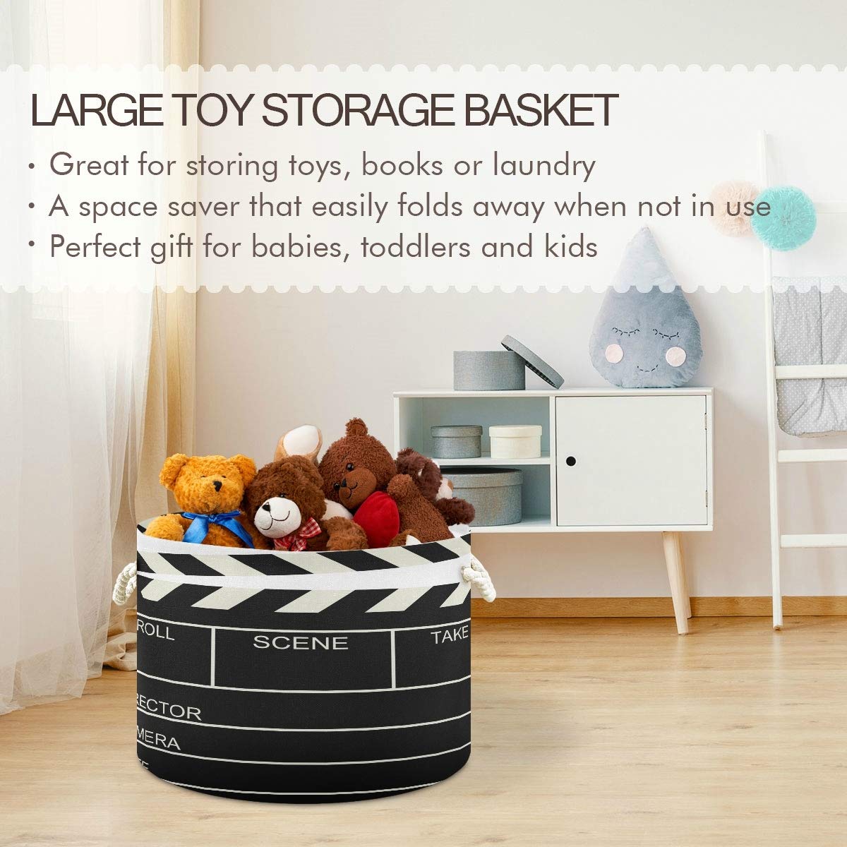 ALAZA Movie Cinema Clapboard Large Storage Laundry Basket with Handles for Blanket Towels Nursery Hamper Bin 20" x 20" x 14"