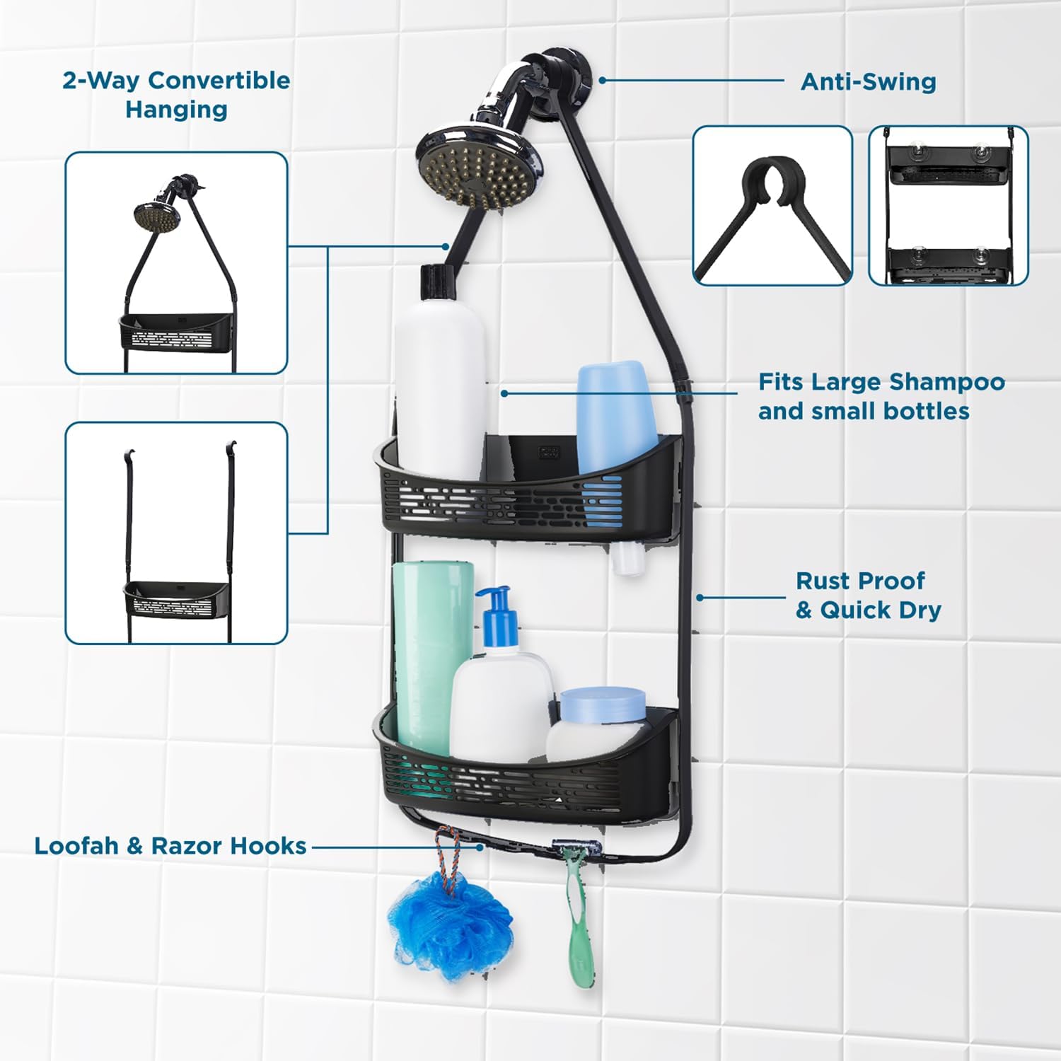 BLACK+DECKER 2-Way Convertible Hanging Anti-Swing Shower Caddy, 2 Way Adjustable Arm, Over The Door, Loofah & Razor Hooks, Storage & Organization, Large and Small Bottles and More, Black