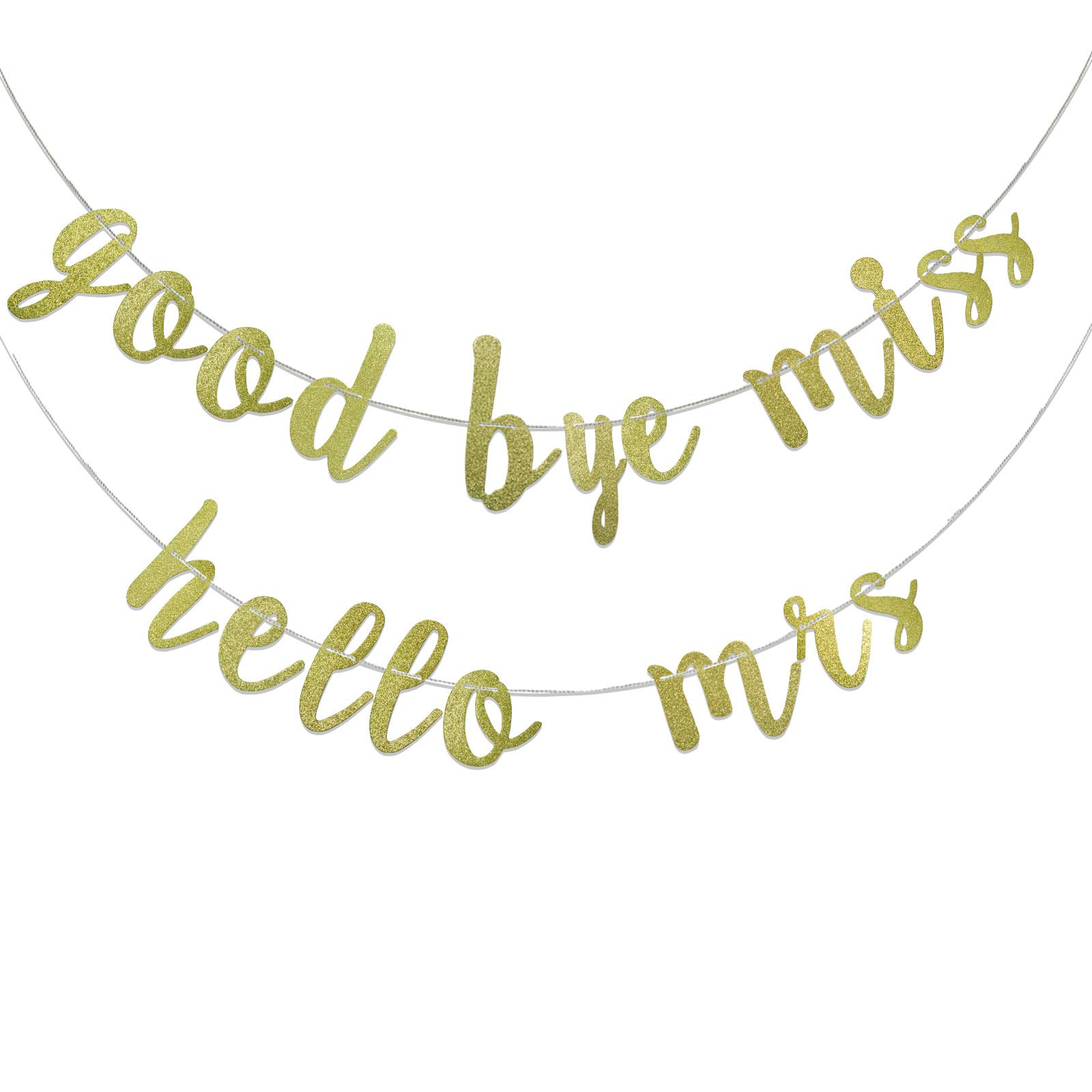 Goodbye Miss Hello Mrs Banner for Bachelorette Party Decorarions, Bridal Shower, Engagement, Bride to Be, Wedding Party Supplies (Gold Glitter)