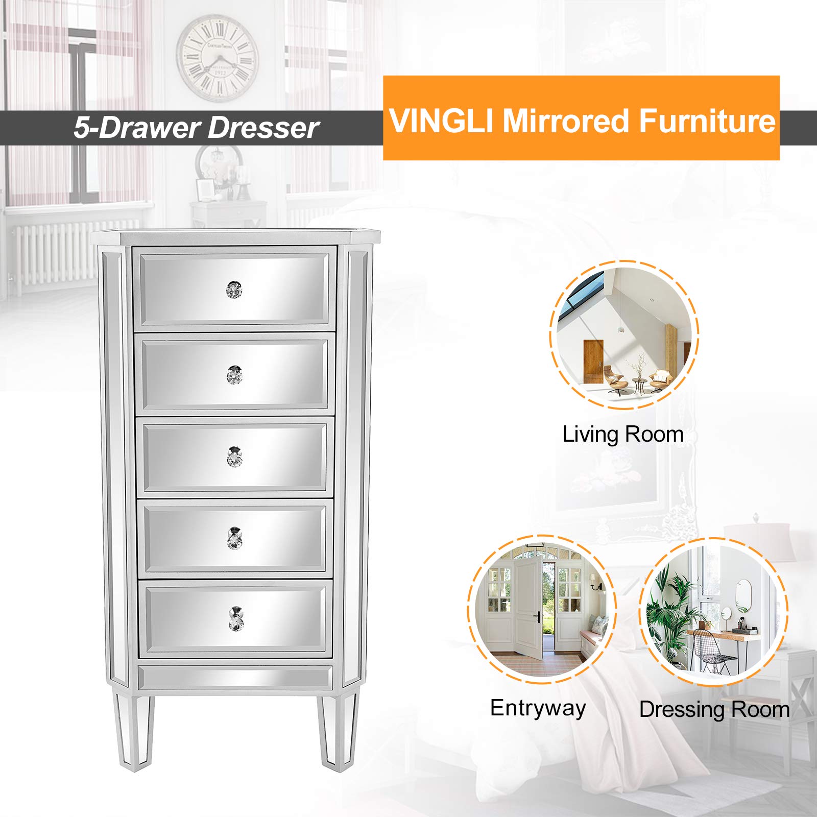 VINGLI VNGLI Mirrored Dresser 5 Drawers Modern Chest, Mirrored Chest of Drawers, Glass Dresser for Bedroom, Dressing Room, Living Room, Silver