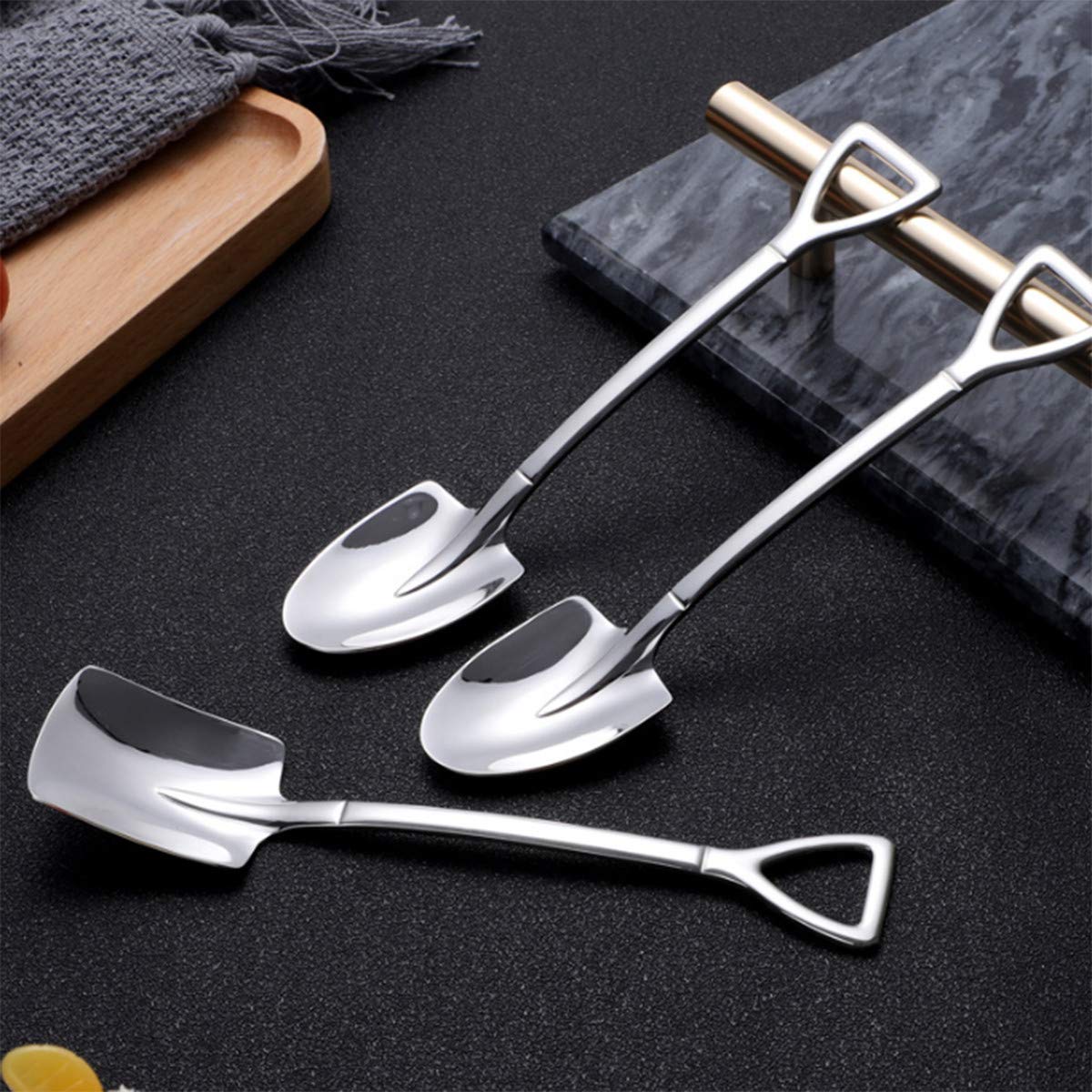 NMQLX Dessert Spoon Set, 6 Pcs 6" Shovel Shape Stainless Steel Spoons, Ice Cream Fruit Spoon for Home, Kitchen or Restaurant