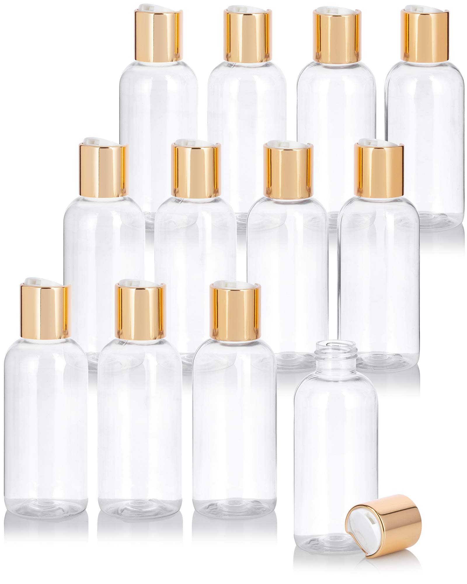 JUVITUS 4 oz / 120 ml Clear Plastic PET Boston Round Bottle with Gold Disc Cap (12 pack)