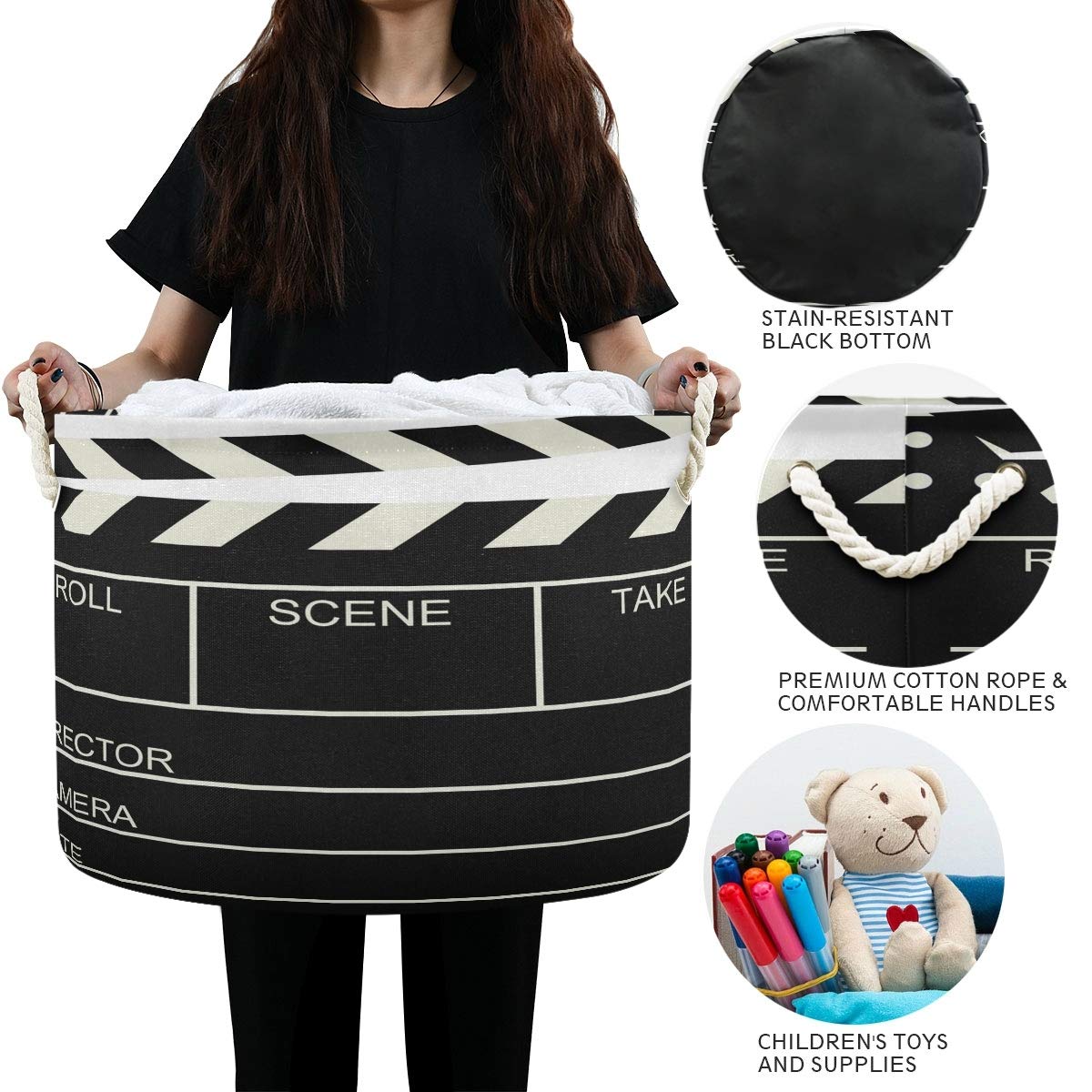 ALAZA Movie Cinema Clapboard Large Storage Laundry Basket with Handles for Blanket Towels Nursery Hamper Bin 20" x 20" x 14"