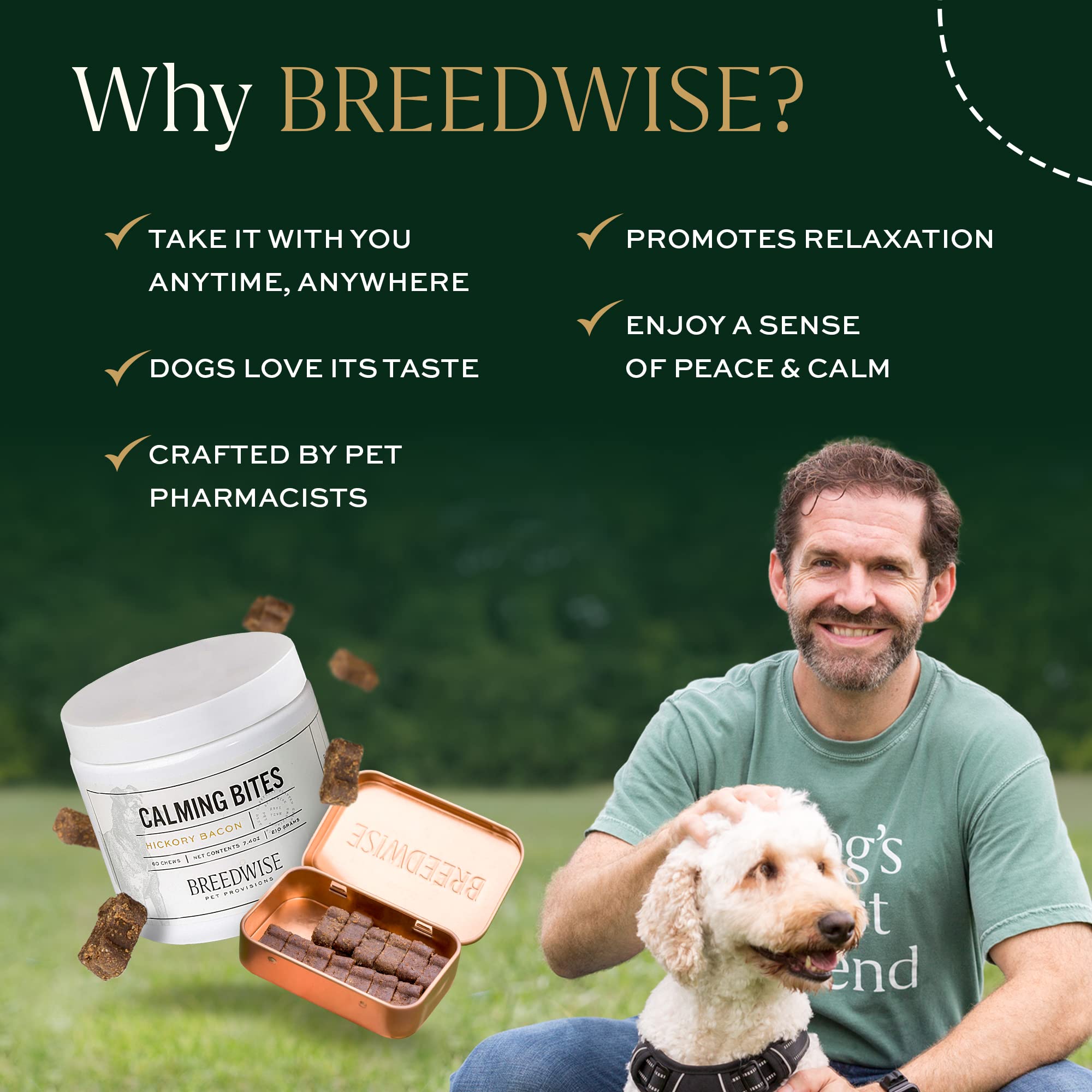 Breedwise Calming Bites All Natural Holistic Anxiety and Stress Reducing Hickory Bacon Flavored Dog Treats, 60 Count Jar