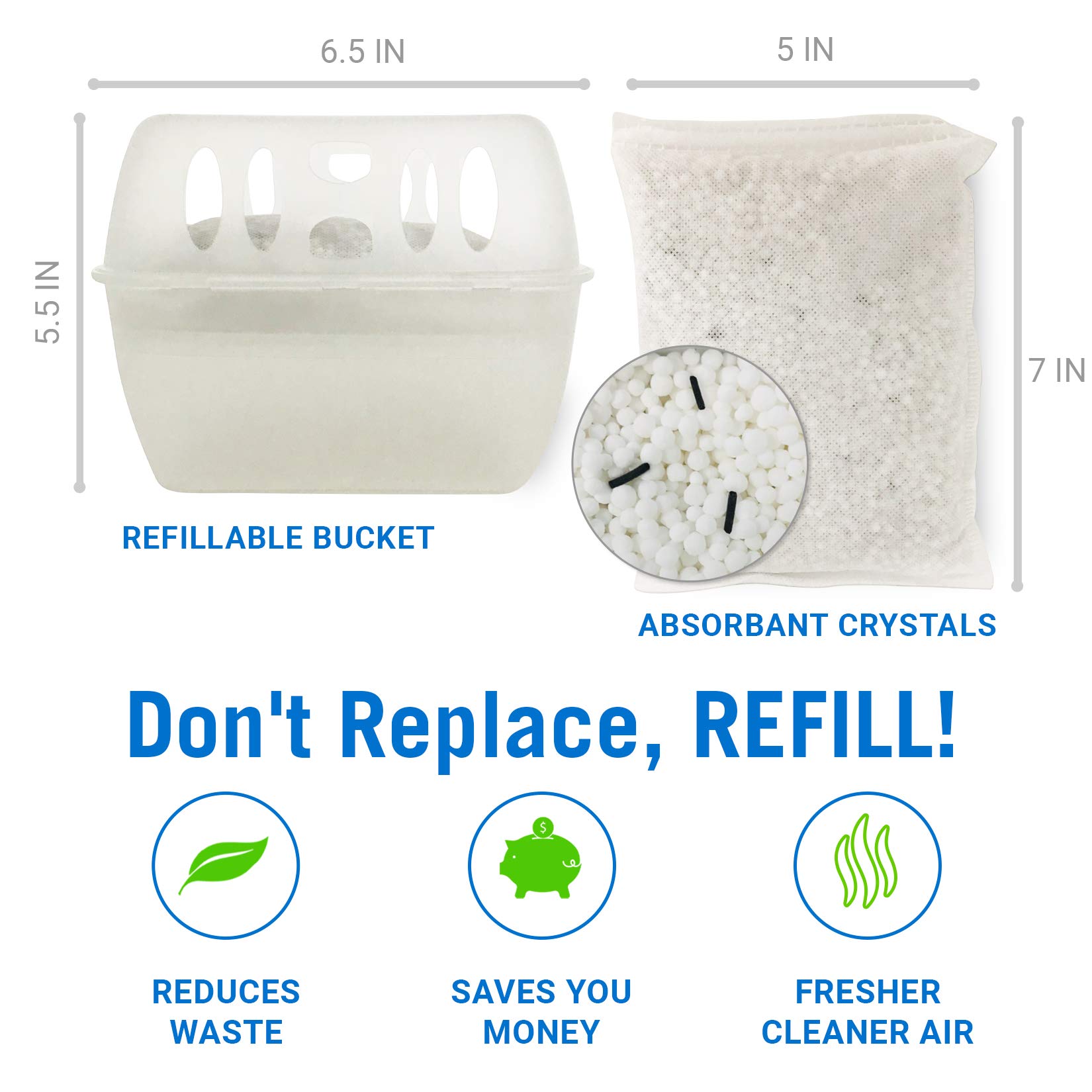 Refillable Moisture Absorbers Dehumidifier Bucket with Refill Bag Pack to Control & Get Rid of Water, Humidity, Odors & Damp Air | Tub for Basement Closet Home Boat RV Car or Unscented Fragrance Free