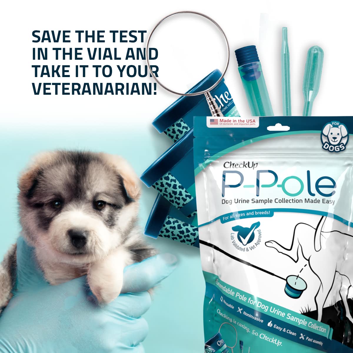 CheckUp P-Pole - Dog Urine Collection Pack - Telescopic Pole, Cups, Pipettes & Vials - A New Innovative, Do It Yourself Approach to Collect Your Dogs Urine at Home and Have it Ready for Testing