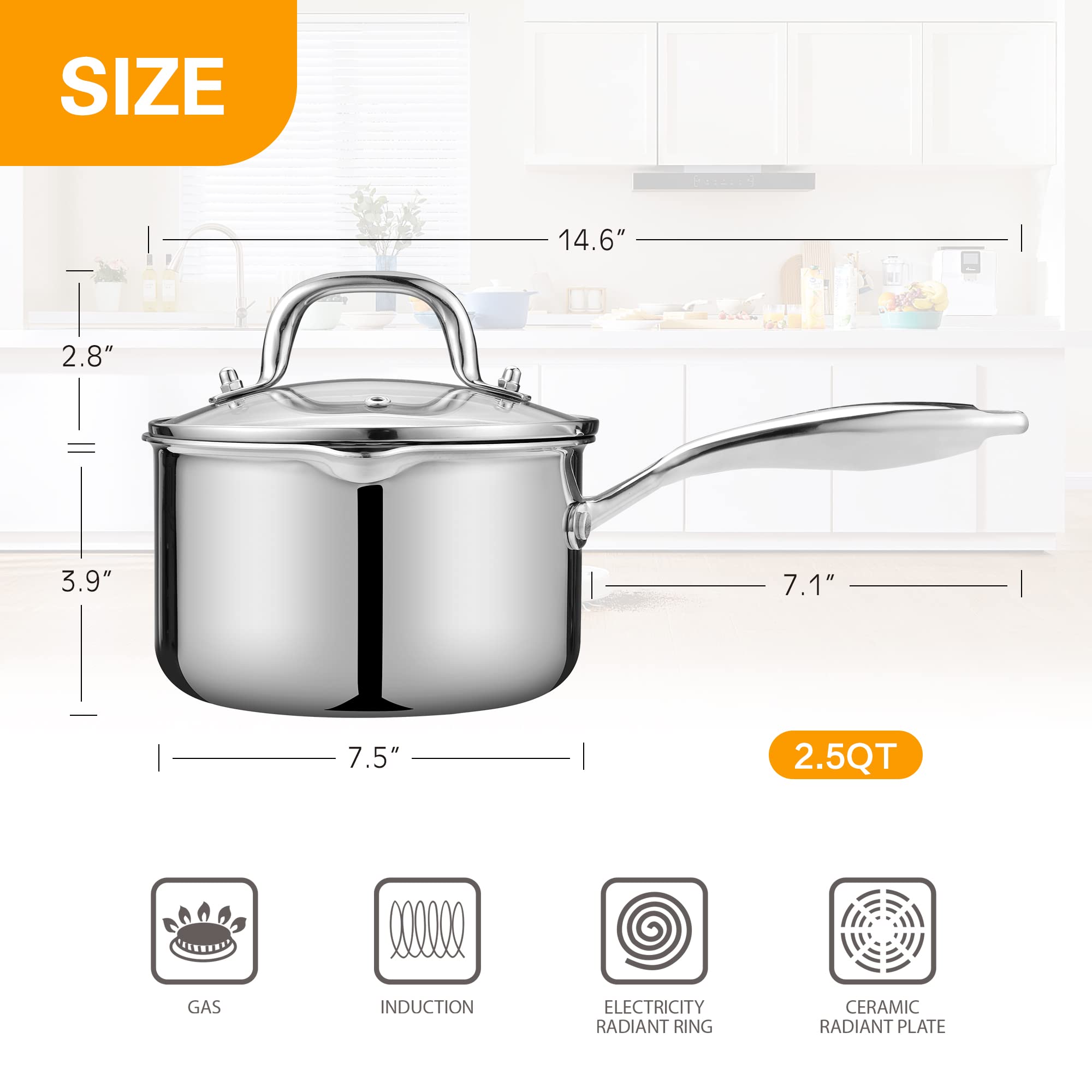 Stainless Steel Saucepan with Tempered Glass Lid, 2.5 Quart Multipurpose Cooking Pot, Sauce Pot for Easy Pour with Ergonomic Handle