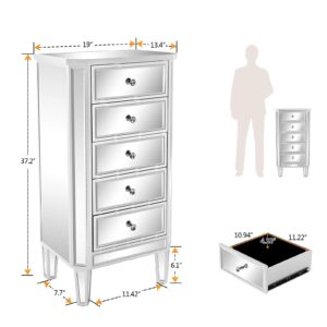 VINGLI VNGLI Mirrored Dresser 5 Drawers Modern Chest, Mirrored Chest of Drawers, Glass Dresser for Bedroom, Dressing Room, Living Room, Silver